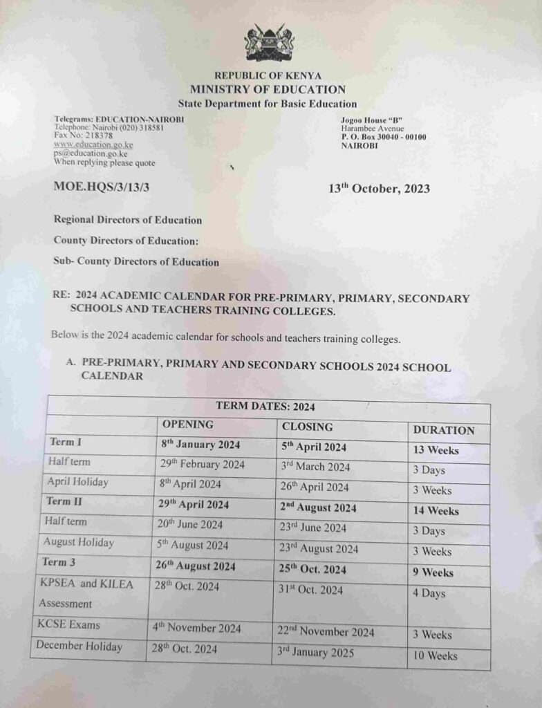 Ministry releases 2024 academic calendar for schools - Education News Kenya